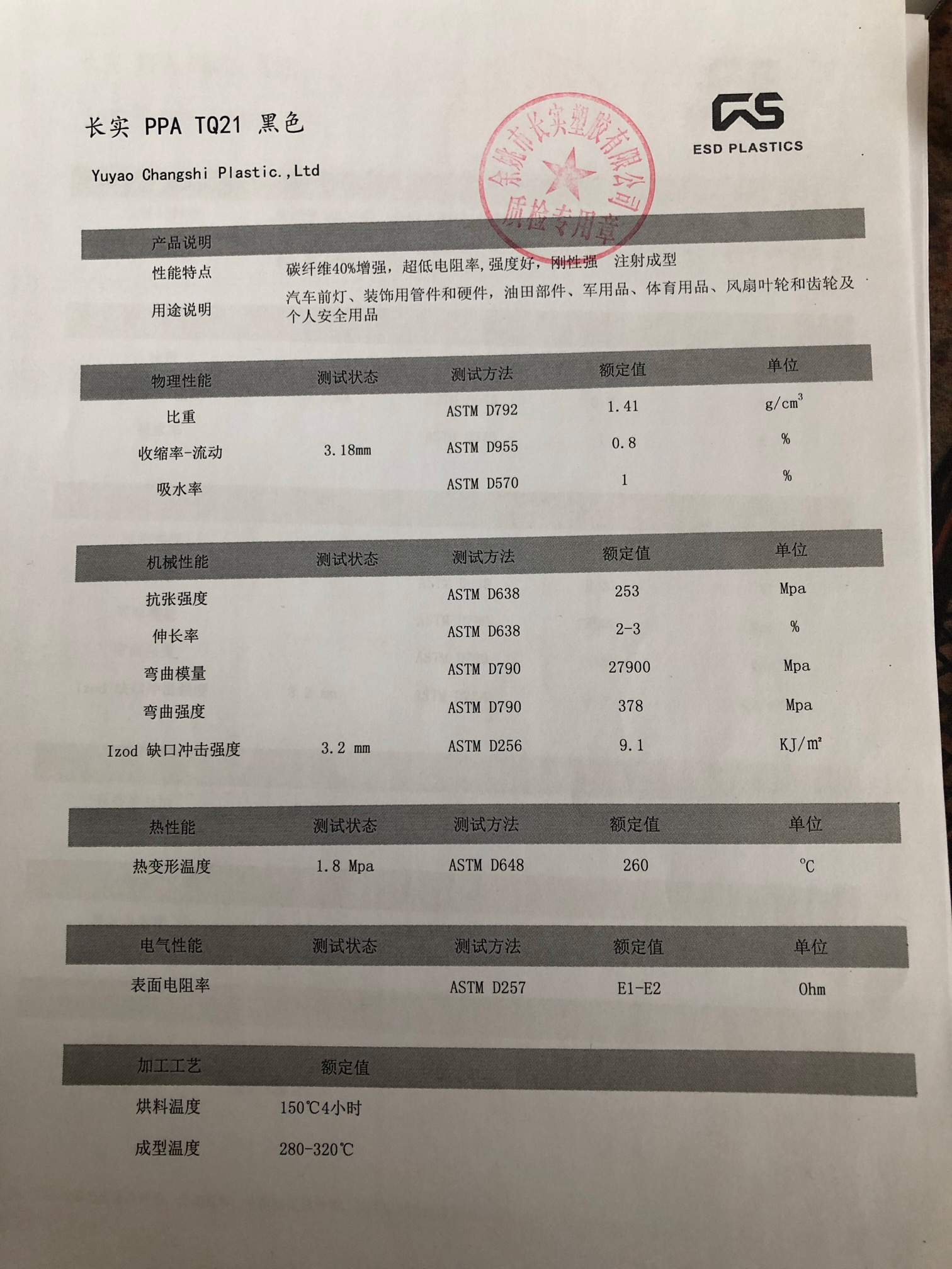 PPA TQ21/余姚长实物性表/性能参数/原料技术参数-中塑在线